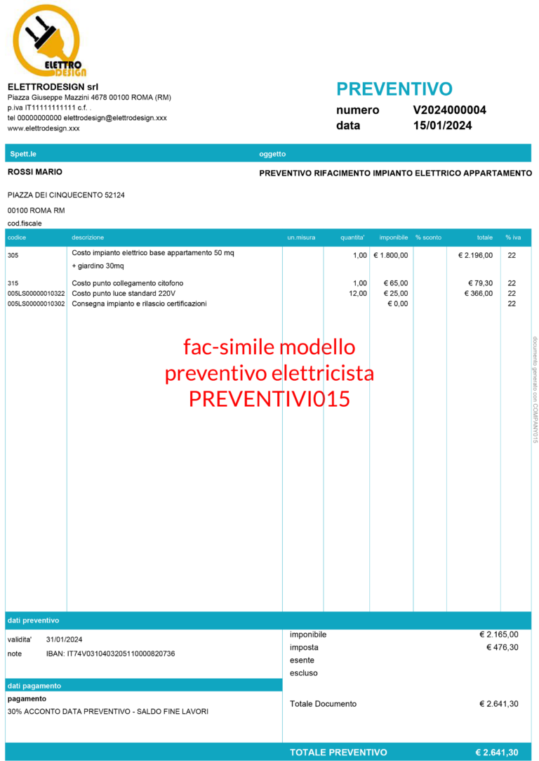 Fac-simile modello preventivo impianto elettrico - PREVENTIVI015