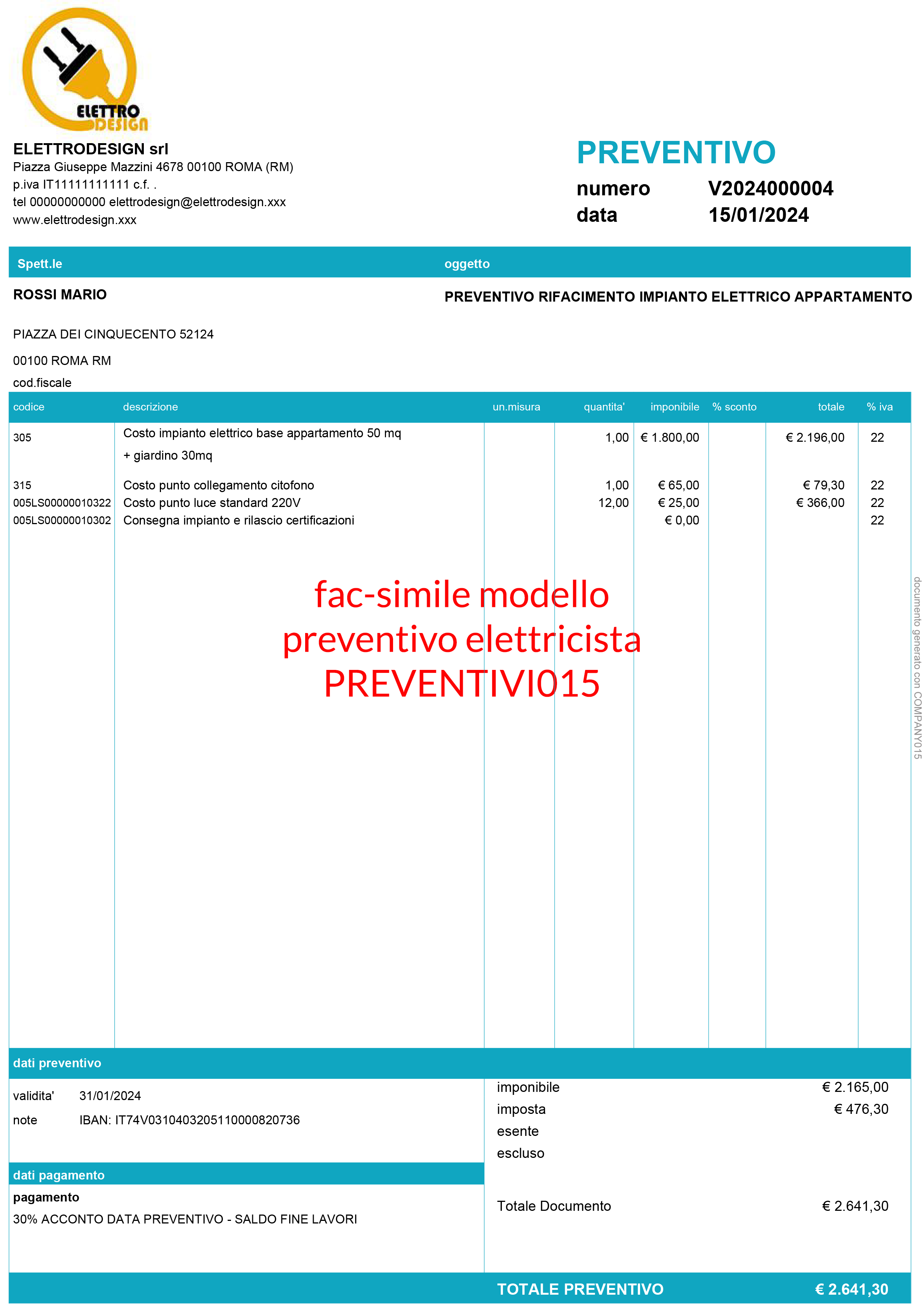 Fac-simile modello preventivo impianto elettrico - PREVENTIVI015